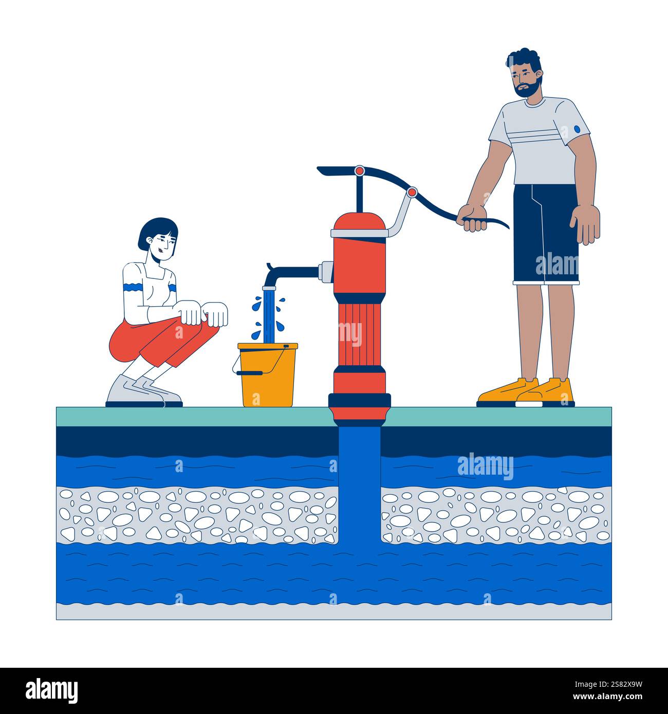 Hand water pump usage for groundwater extraction cartoon flat ...