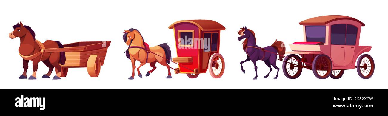 Horse carts set isolated on white background. Vector cartoon ...