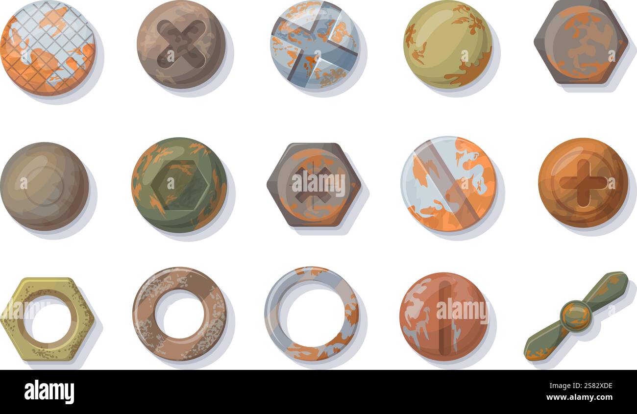 Rusty screw heads. Old screw nails head top view with grunge texture ...