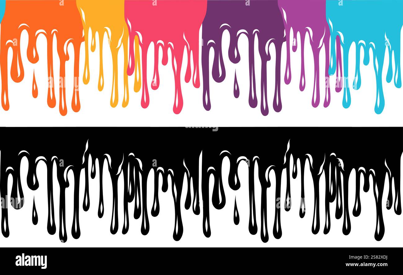 Set of horizontal border with colorful and monochrome paint drips flows ...