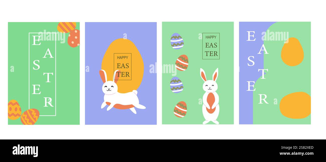 Colorful easter designs featuring eggs and bunnies on pastel ...