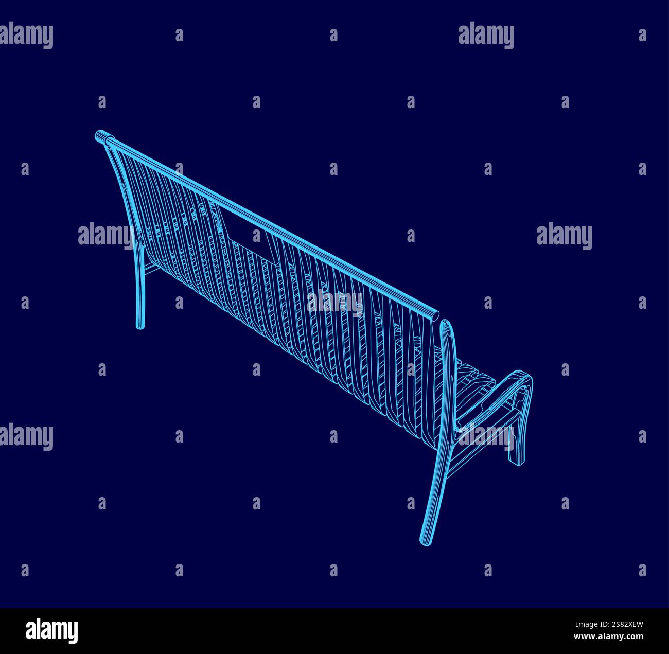 Blue bench is shown in a blue background. The bench is made of wood ...