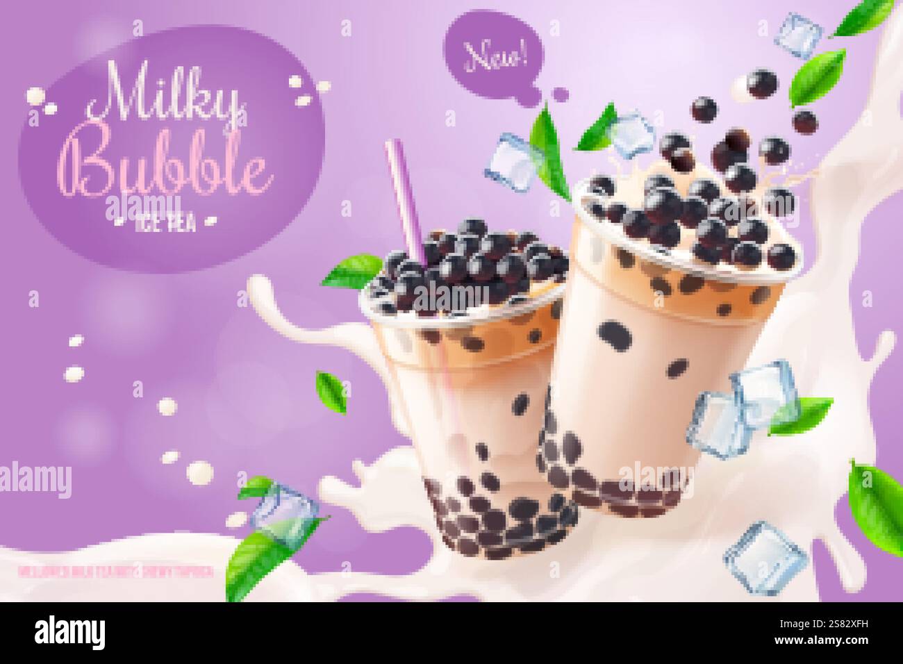 Bubble tea advertising. Boba drink milk with tapioca pearls, asian cool ...