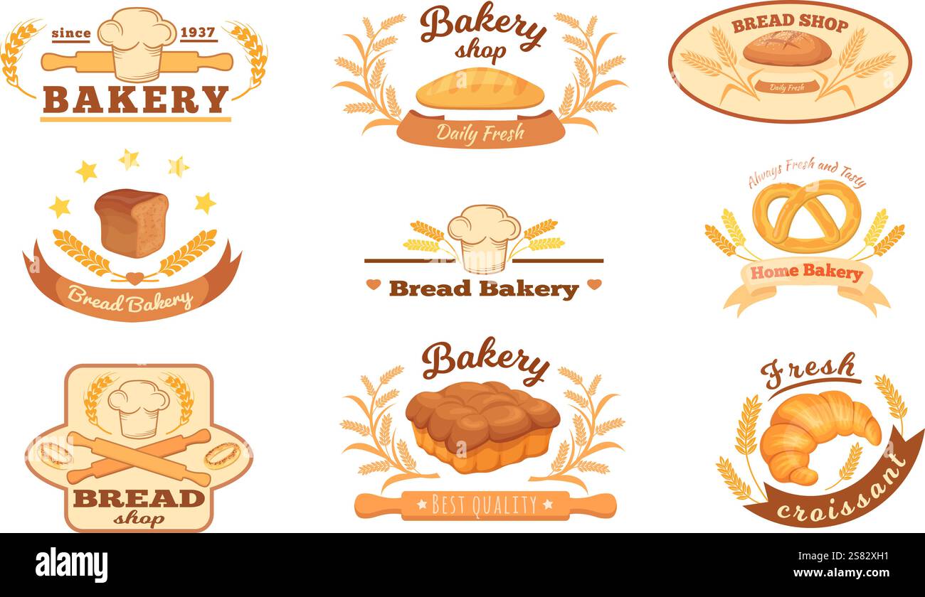 Cartoon bread bakery logo. Baker shop emblem icons, pastry food ...