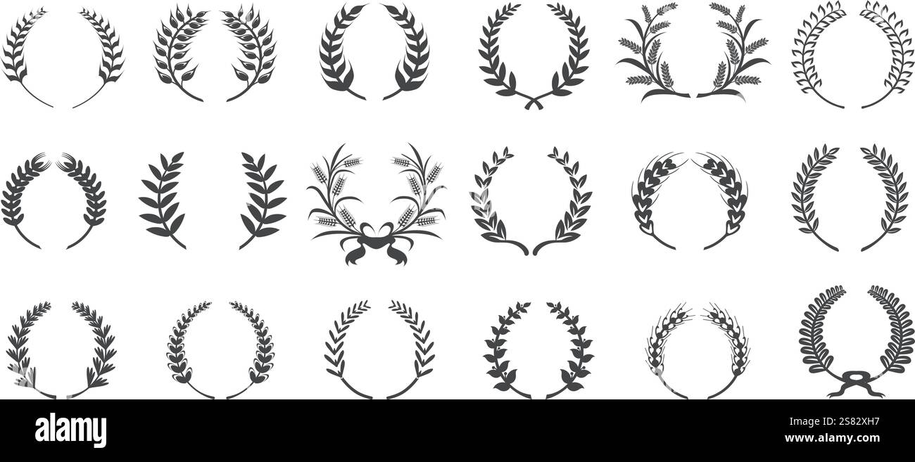 Wheat wreath silhouettes. Laurel wreaths black logo, olive leaf ...