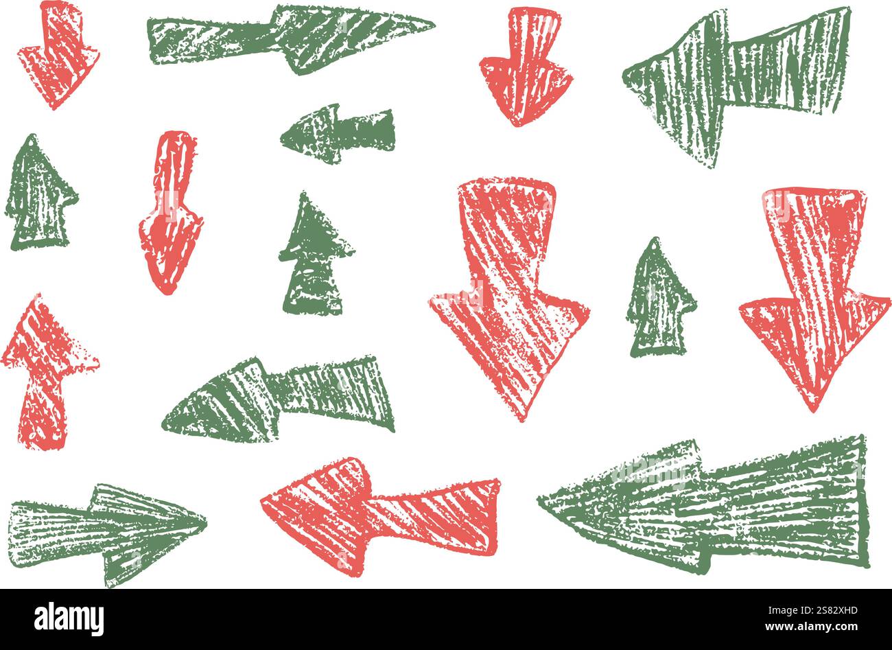 Arrow set crayon drawing. Chalk handwritten symbols. Red and green ...