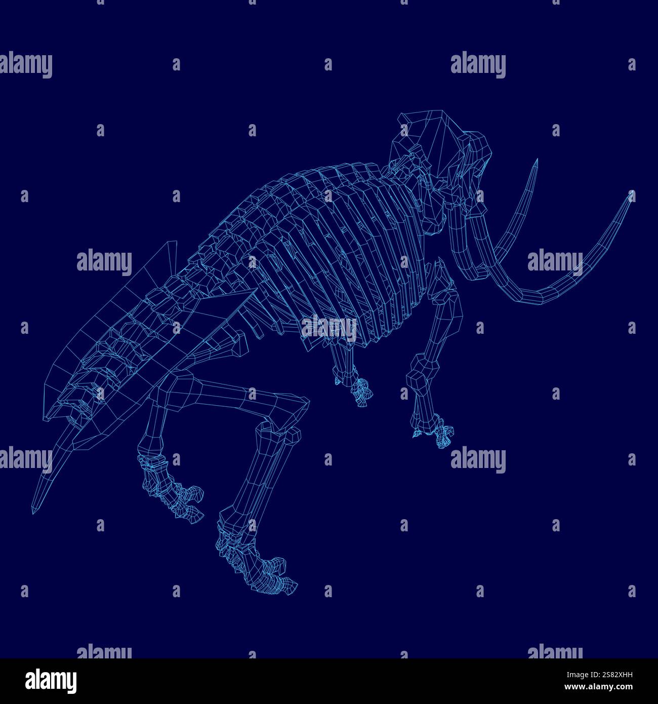 Blue image of a elephant skeleton with a large tusk. The skeleton is ...