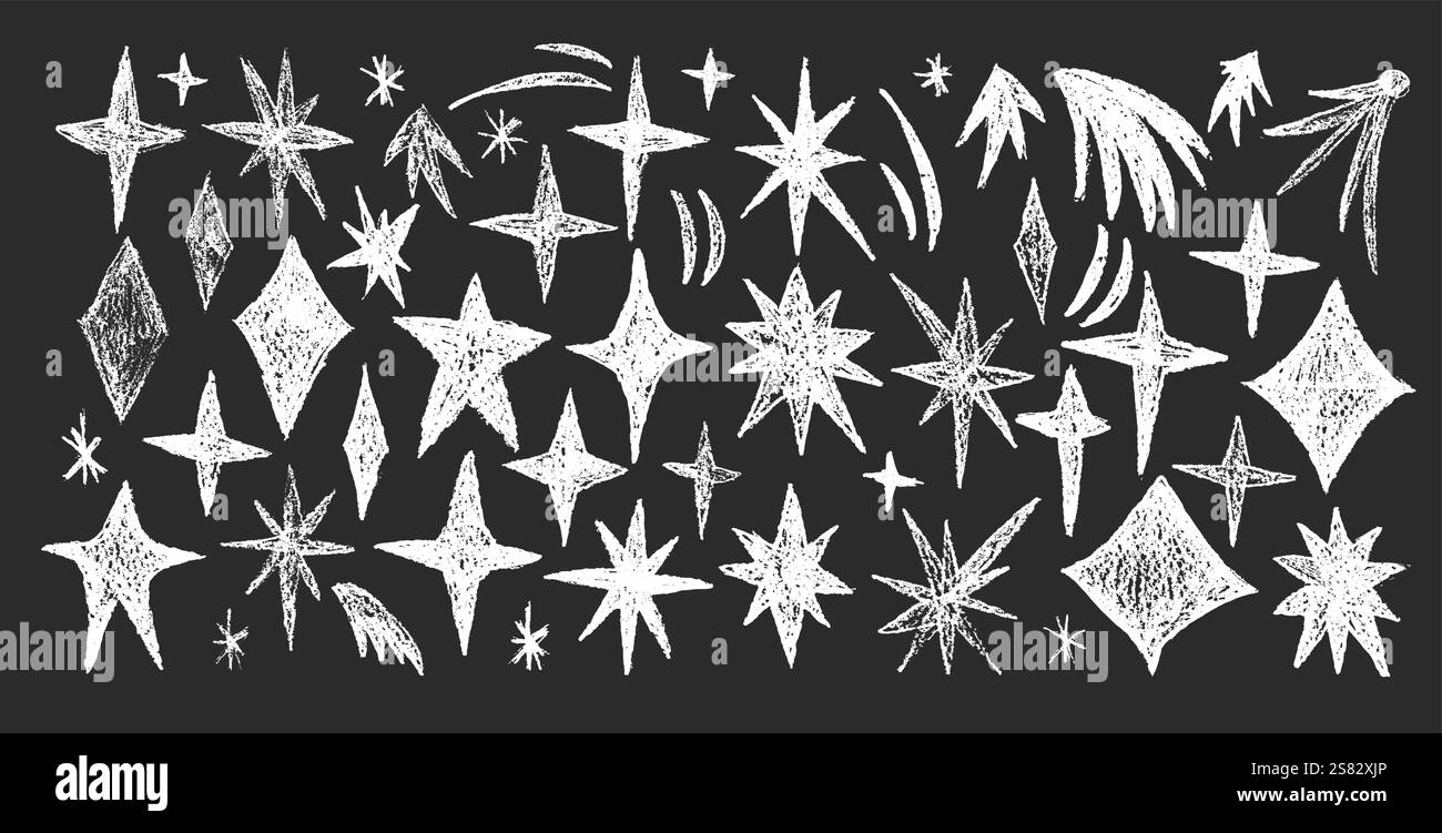 Sparkles stars doodle set. Crayon scribble blings on chalkboard. Comets and blinking on night ...