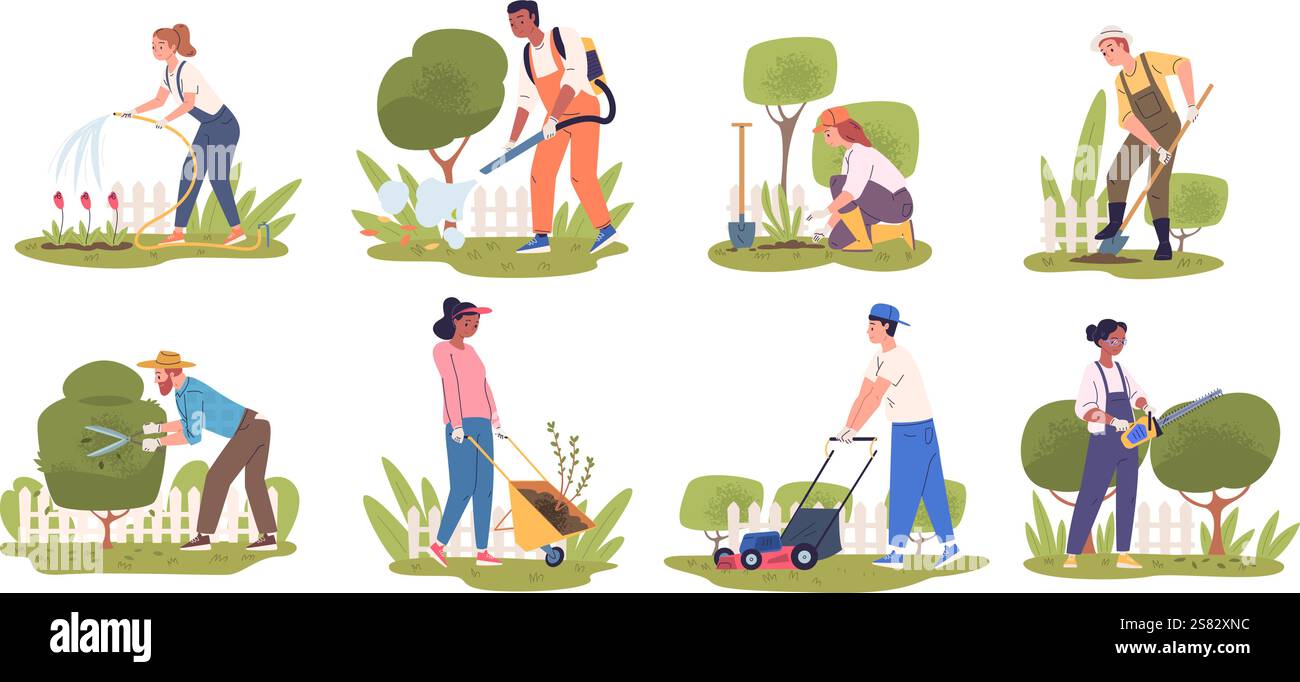 Lawn workers. Professional gardener backyard landscaping care work ...