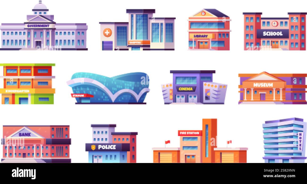 City municipal buildings. Government department building, school public ...