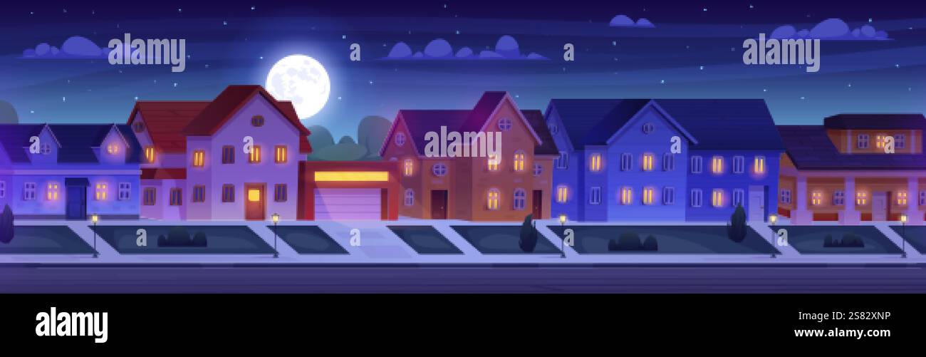Night suburban street. Suburb neighbourhood dark evening cityscape ...