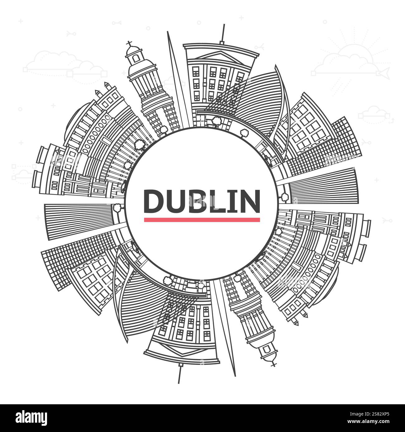 Outline Dublin Ireland City Skyline with Historic Buildings and copy space Isolated on White ...