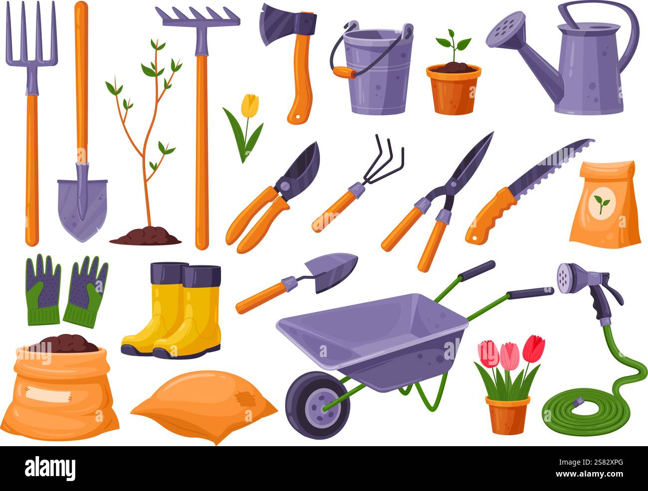 Cartoon garden instruments. Gardening tools, gardener spring farm ...