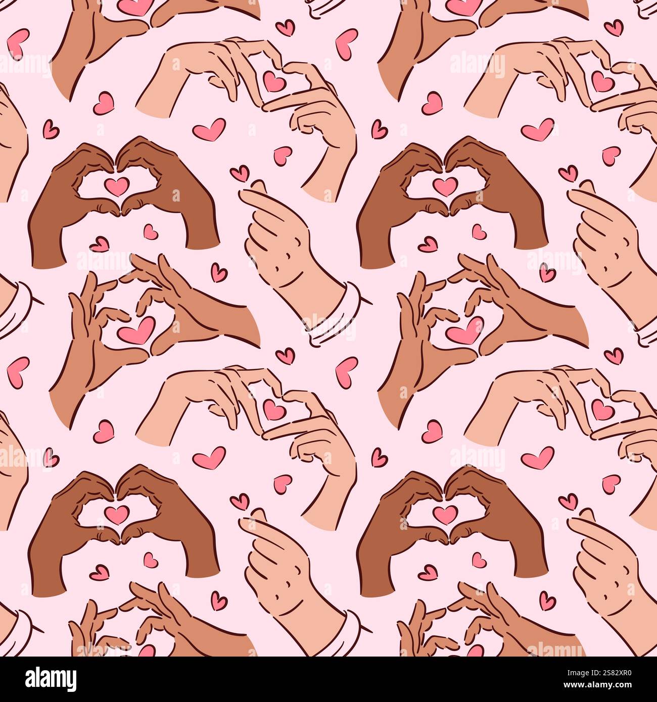 Seamless pattern for Valentines Day hand gestures. Finger Heart. gesture depicting love. Vector ...