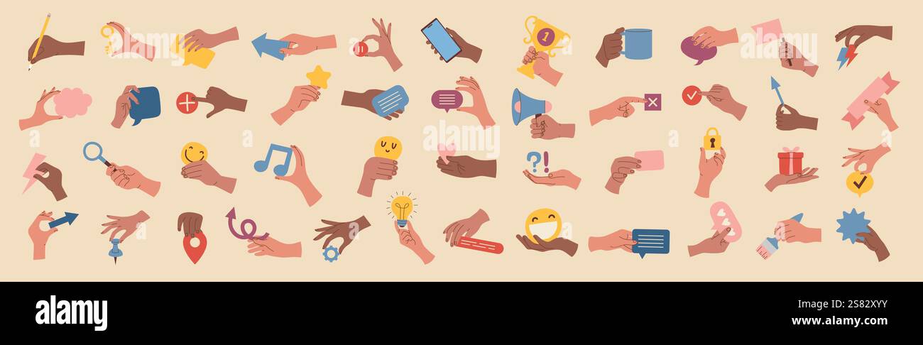 Hands gestures. Human hands holding thematical objects flags ribbons ...