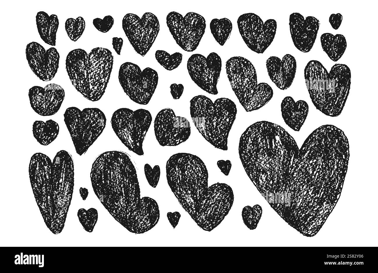 Doodle hearts set. Crayon romantic elements. Love signs grunge icons ...
