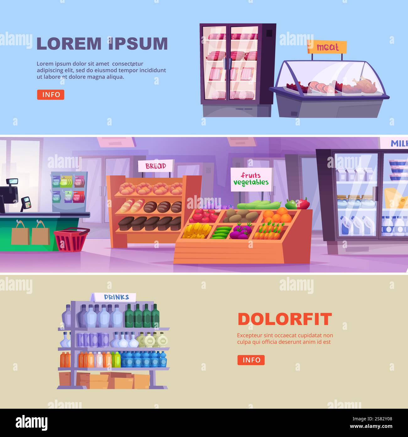 grocery market. banners with fresh product places milk meat bread ...