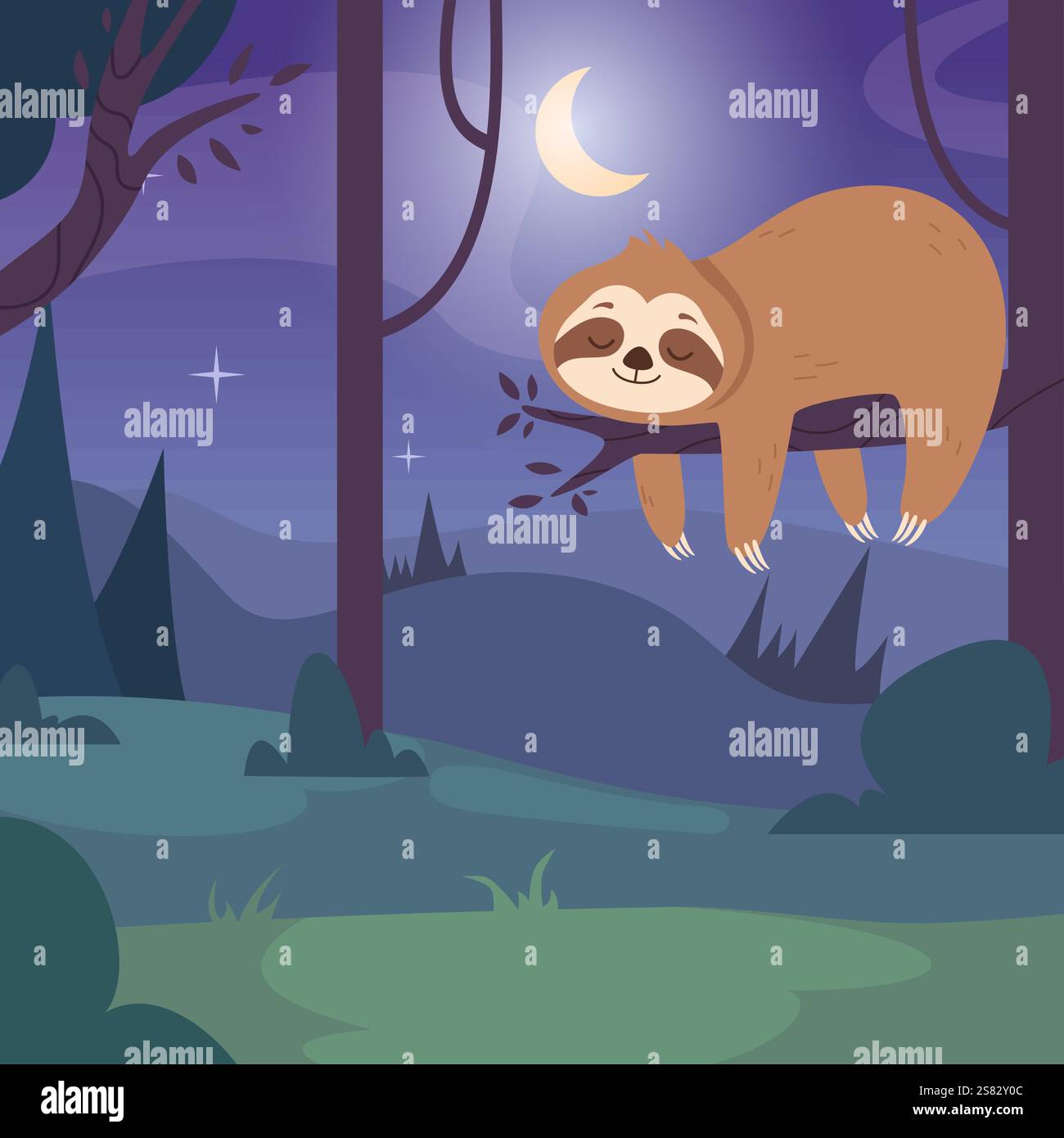 sloth animal. sleeping happy cartoon sloth lazy night time on branch ...