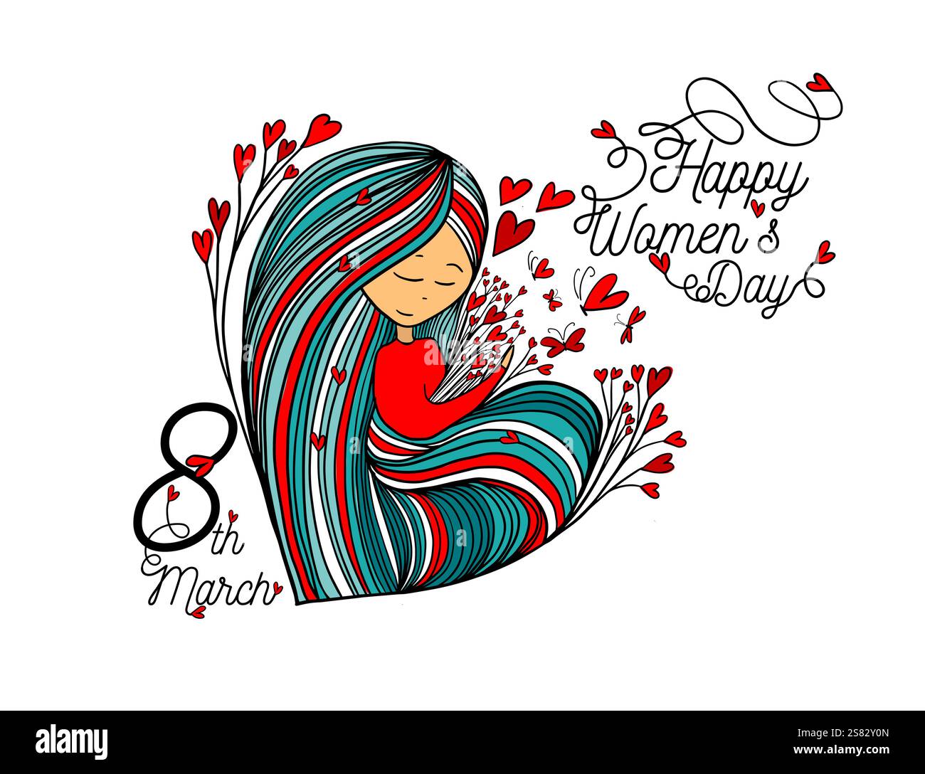 Happy March 8th. Girl with hearts. hand drawn. Not AI, Vector ...