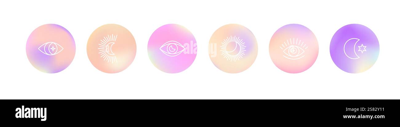 Vivid gradient circles with line art of sun, moon and mystic evil eye ...