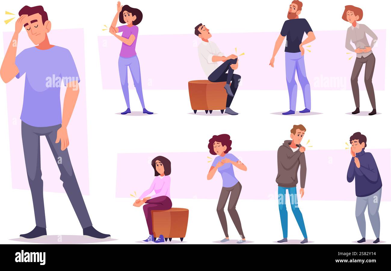 Pain. Human body suffering head physical trauma and painful parts arms ...