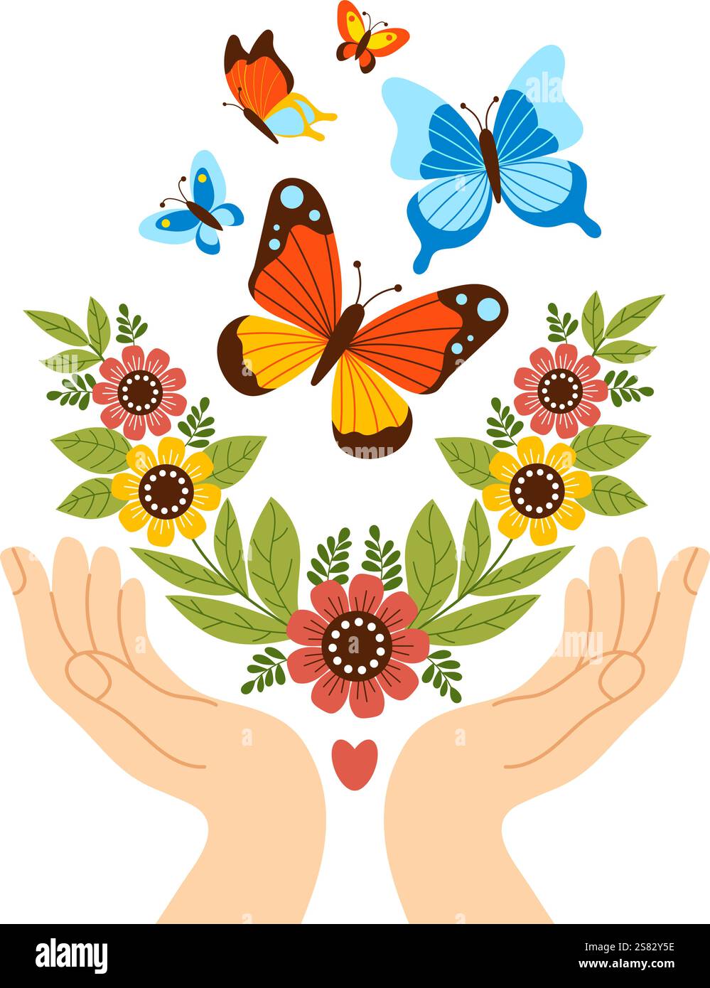Palms of hands with flowers and leaves release colorful butterflies. Butterfly symbolizing ...
