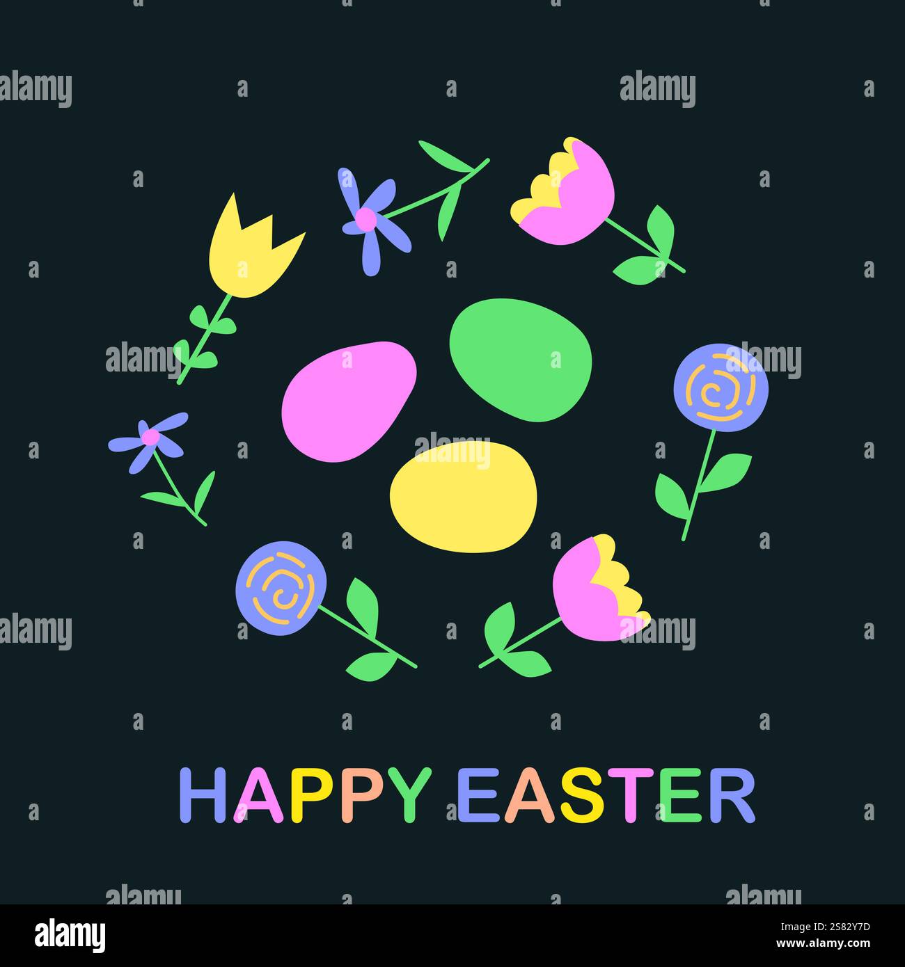 Colorful happy easter egg and floral design for spring celebrations ...