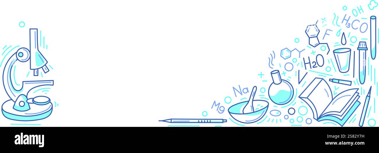 Chemistry doodle template. Line sketch lab, microscope, formula and ...