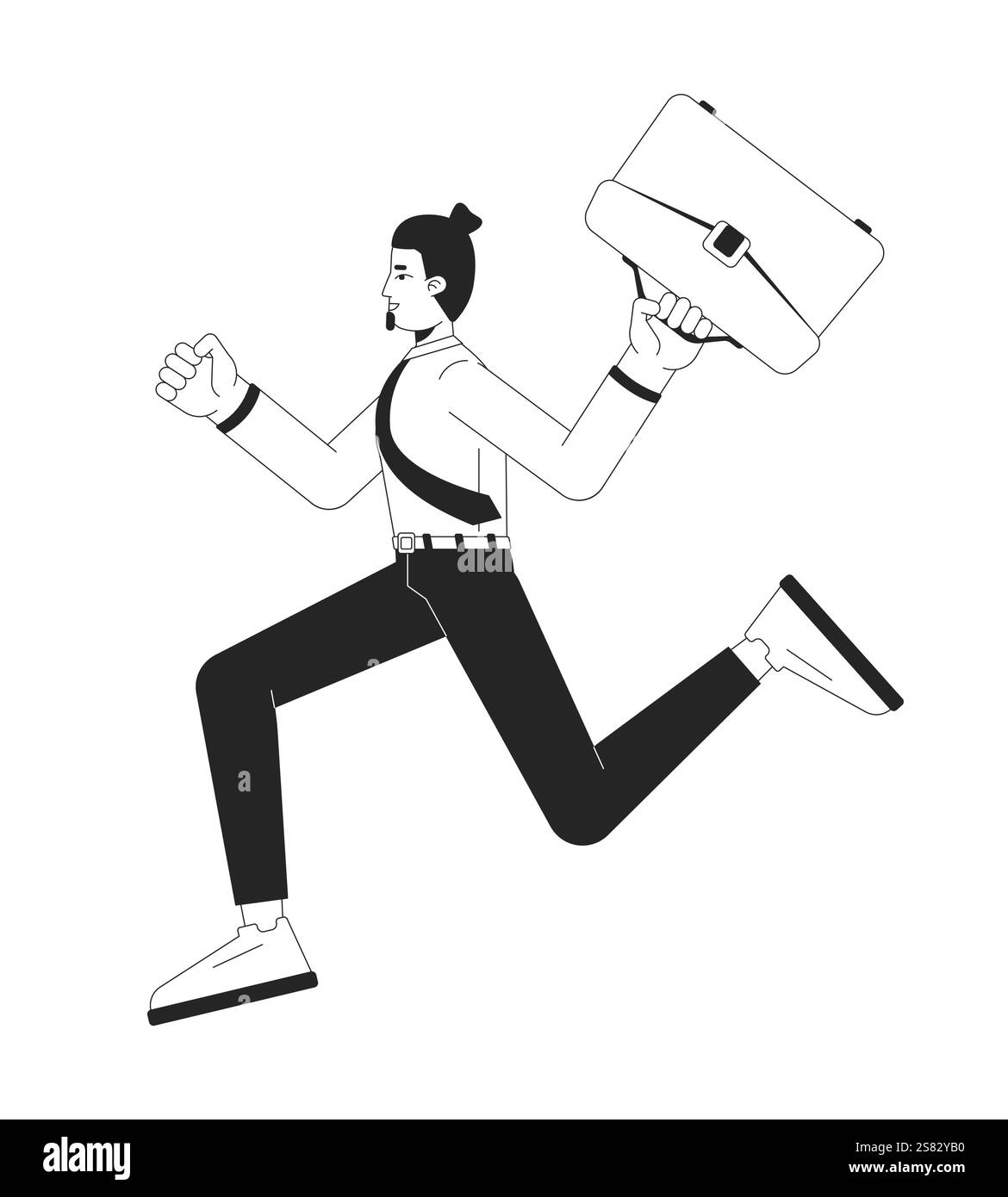 Cheerful businessman running with briefcase black and white 2D line ...