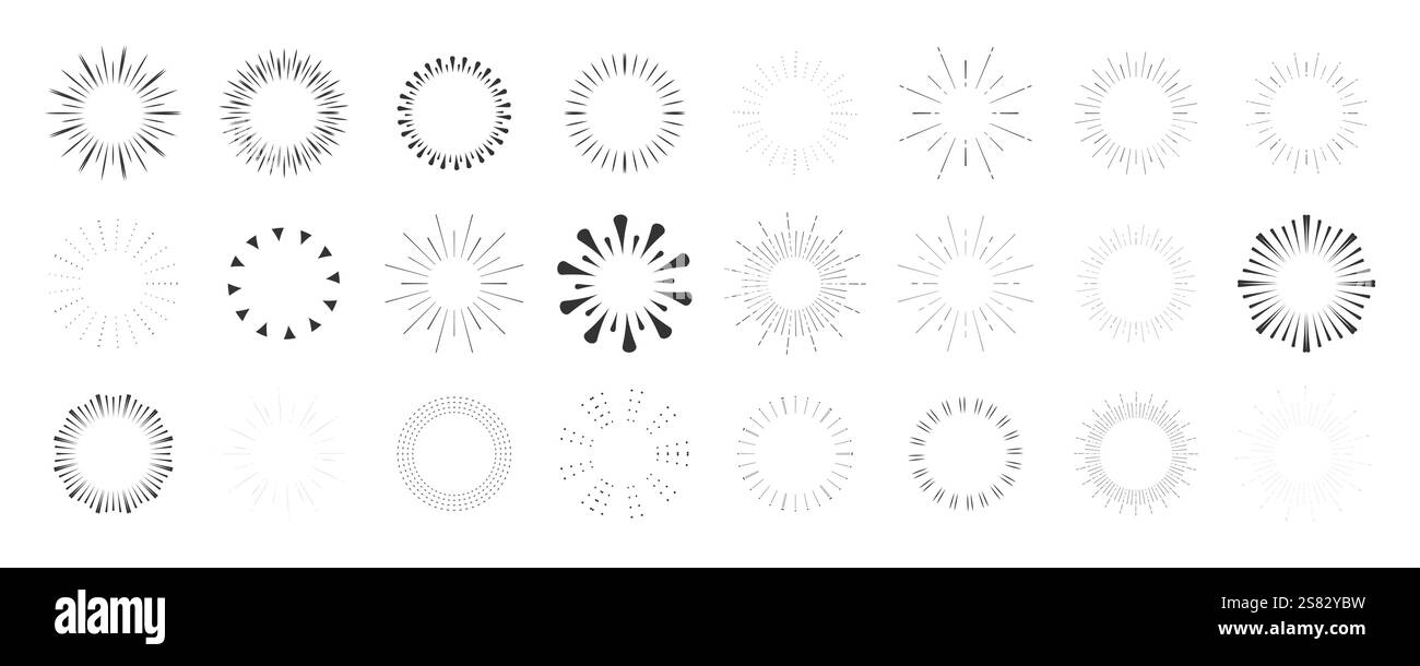Set Fireworks, rays, sunburst frames circle border decoration, sparkle in doodle style, line ...