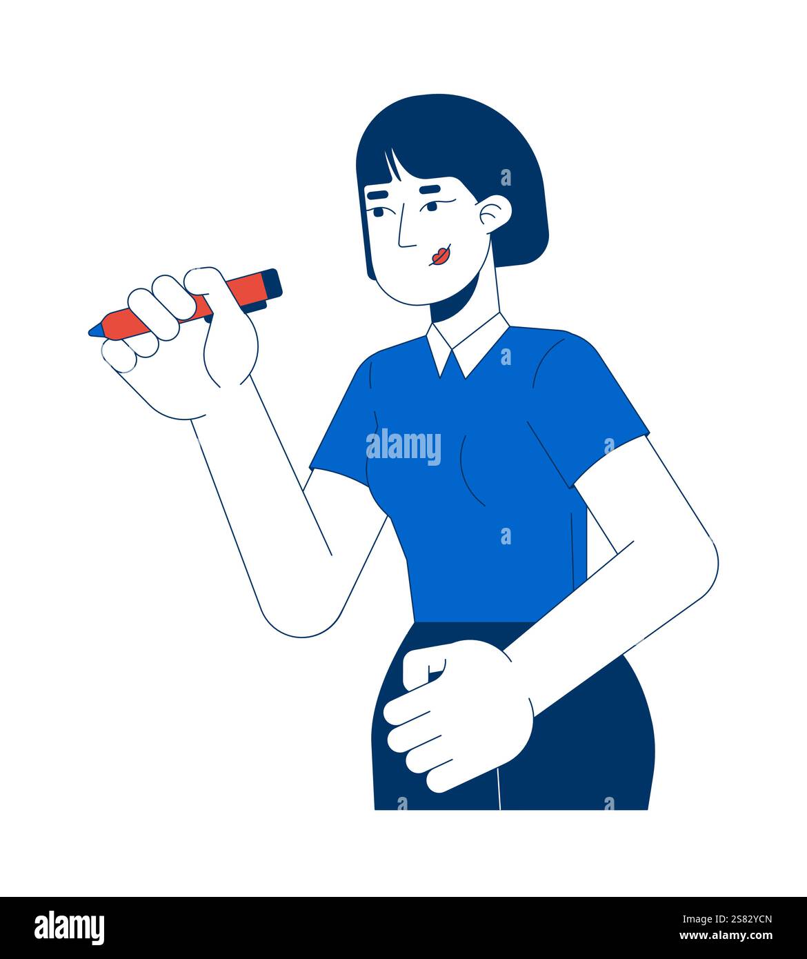 Professional asian woman writing with pen marker in hand 2D cartoon ...