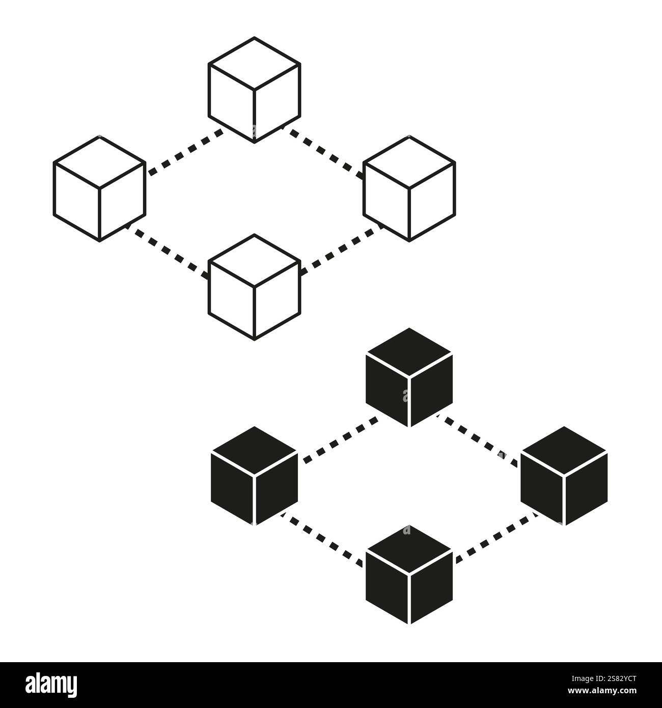 Blockchain cube icon. Connected black shapes. Digital network design. Vector linked element ...