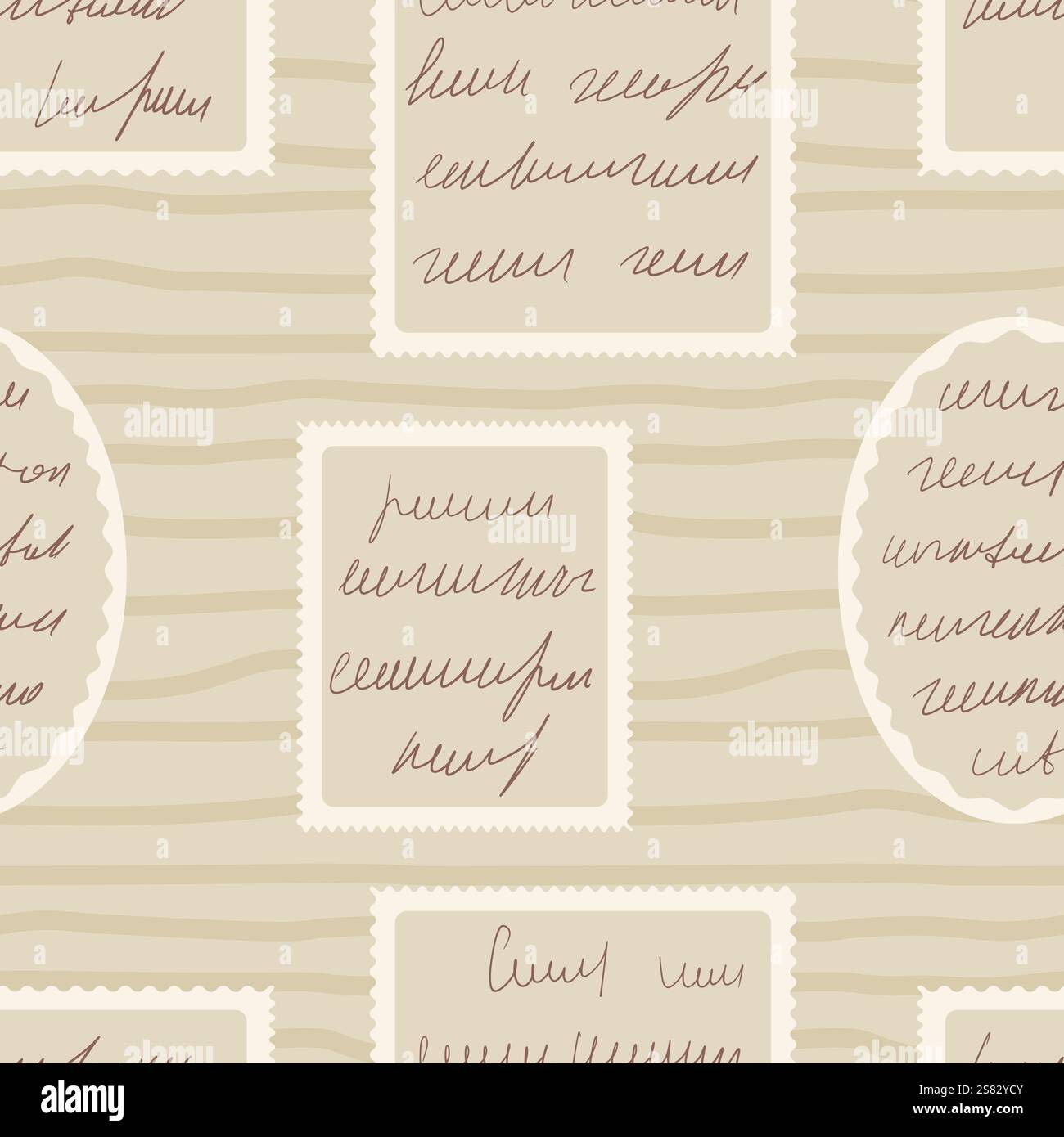Scribble handwritten script text on post stamps seamless pattern ...