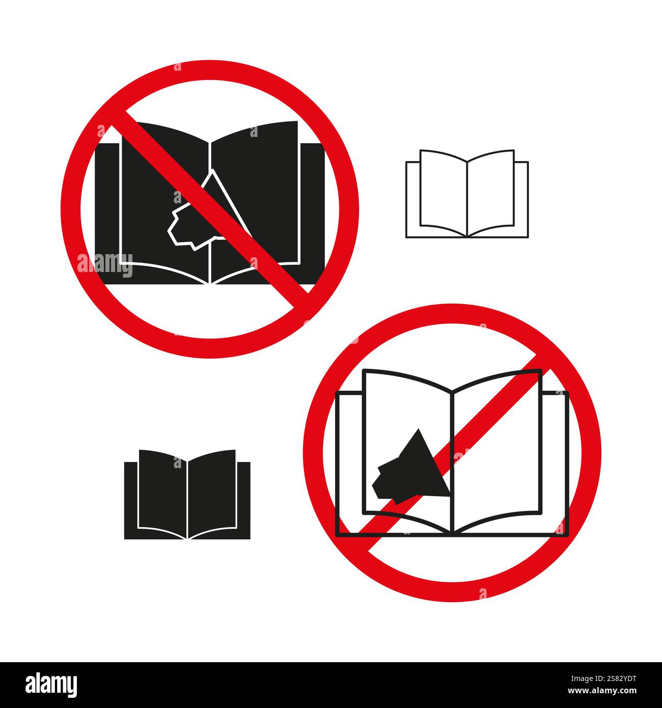 Prohibited book symbol. Red cross sign. Open book icon. Censorship ...