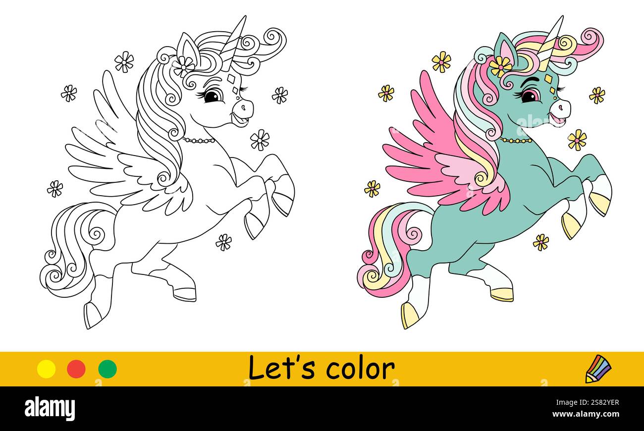 Cute cartoon unicorn with wings coloring page with color sample. Vector ...