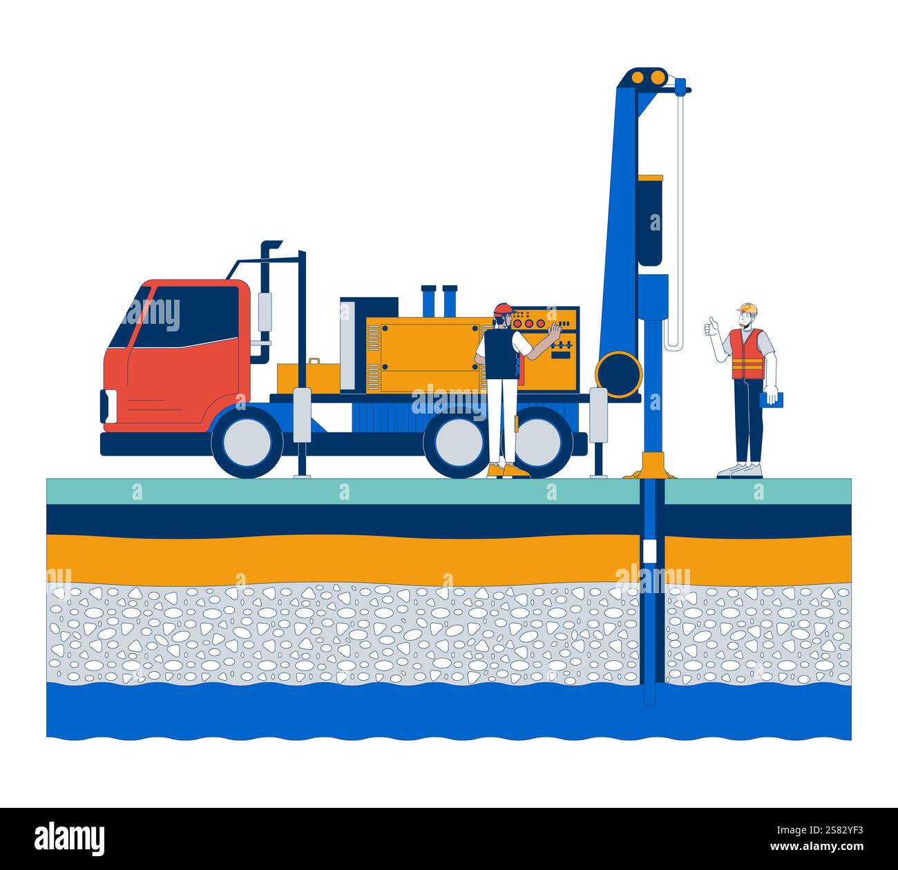 Water well drilling with groundwater layers cartoon flat illustration ...