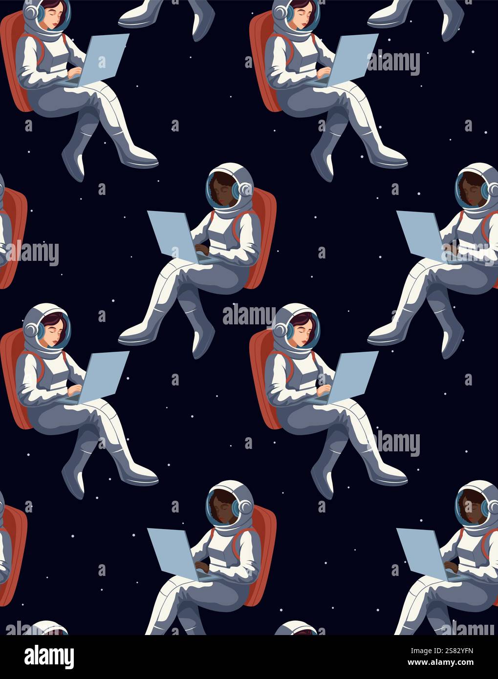Vector seamless pattern with African and European women astronauts with ...