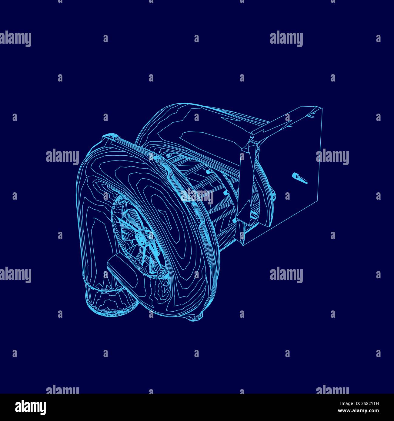 Blue drawing of a car engine with a turbo. The engine is shown in a 3D ...