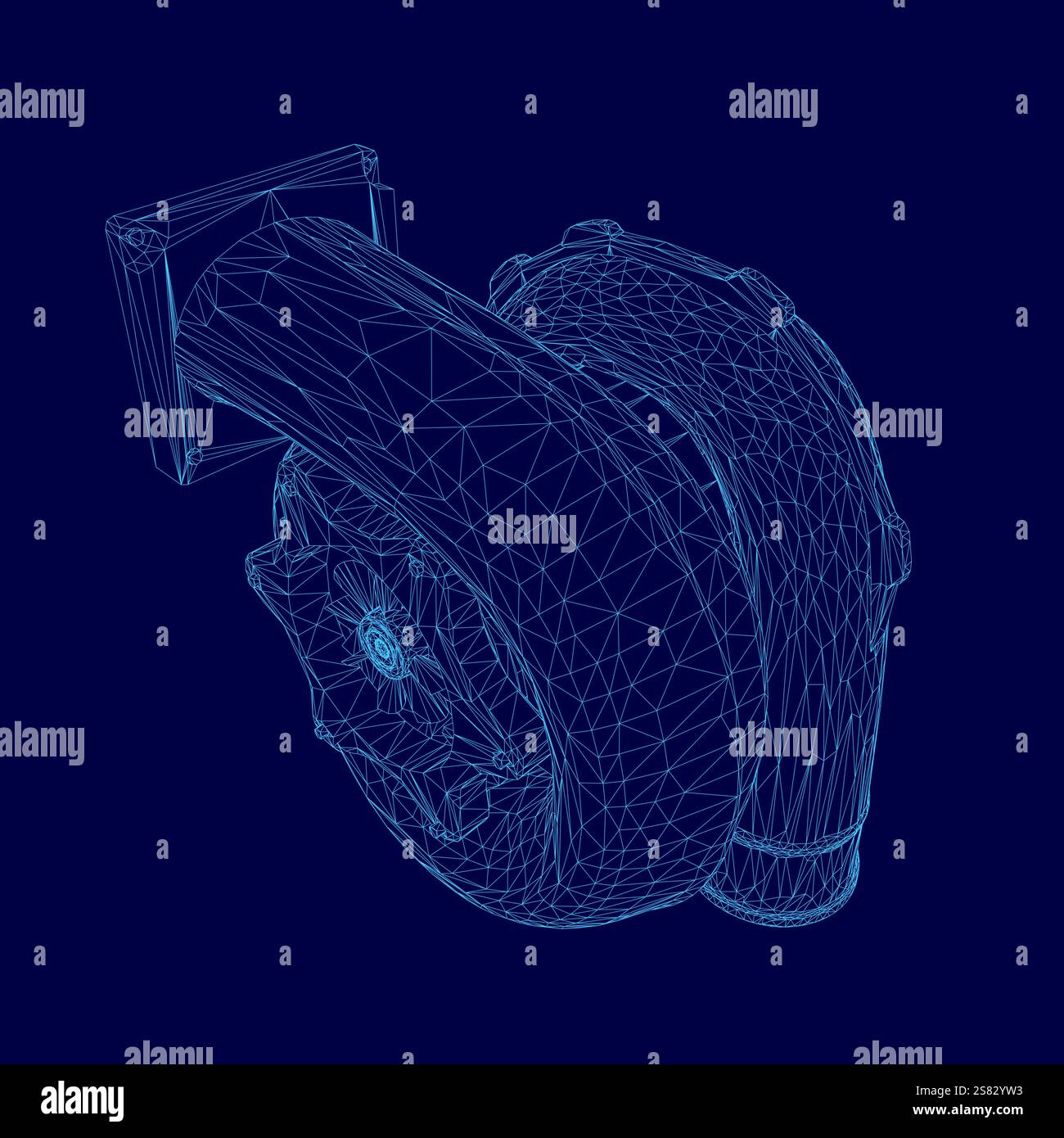 Blue image of a turbo with a mesh texture. The image is a computer ...