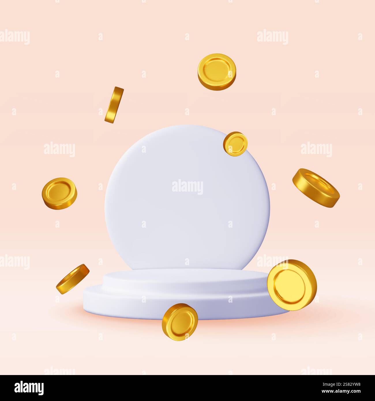 3D grey awards podium with flying coins isolated. Render stage for ...