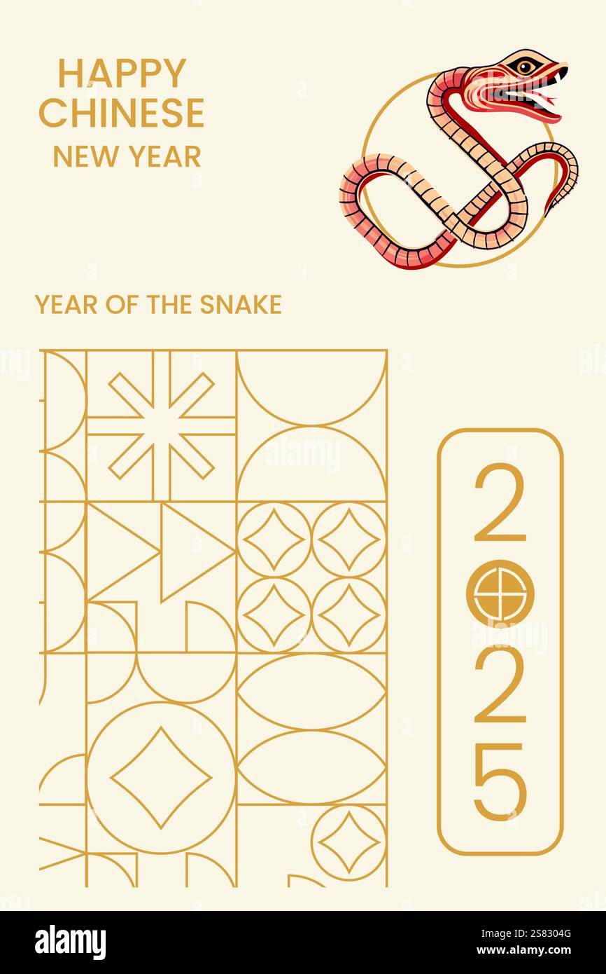 A modern geometric poster for the 2025 Year of the Snake featuring gold ...