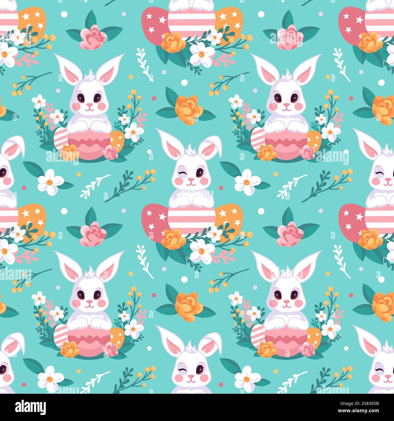 A seamless pattern featuring whimsical Easter bunnies, colorful eggs ...