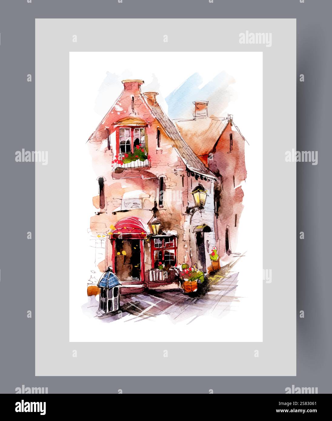 Low-rise red brick building on narrow city streets in European style on ...