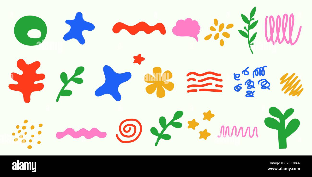 Set of various abstract shapes, doodles and plants. Hand drawn doodles ...