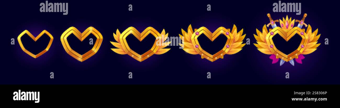 Game avatar heart frames. User level up progress border, rank badge golden frame love valentine ...