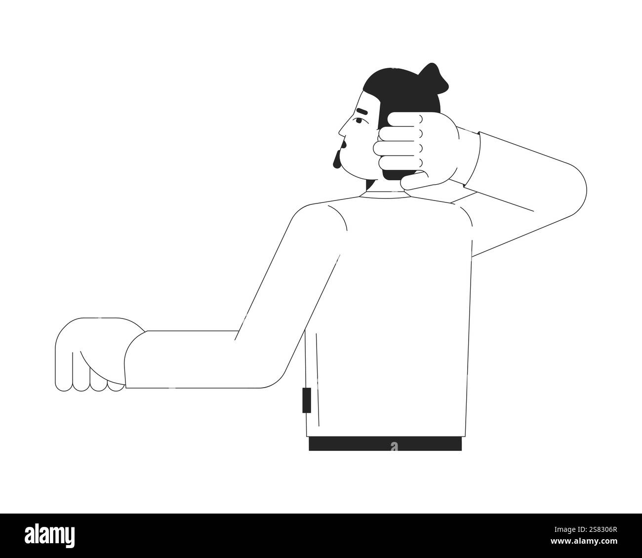 Caucasian businessman thinking and rubbing back of head black and white ...