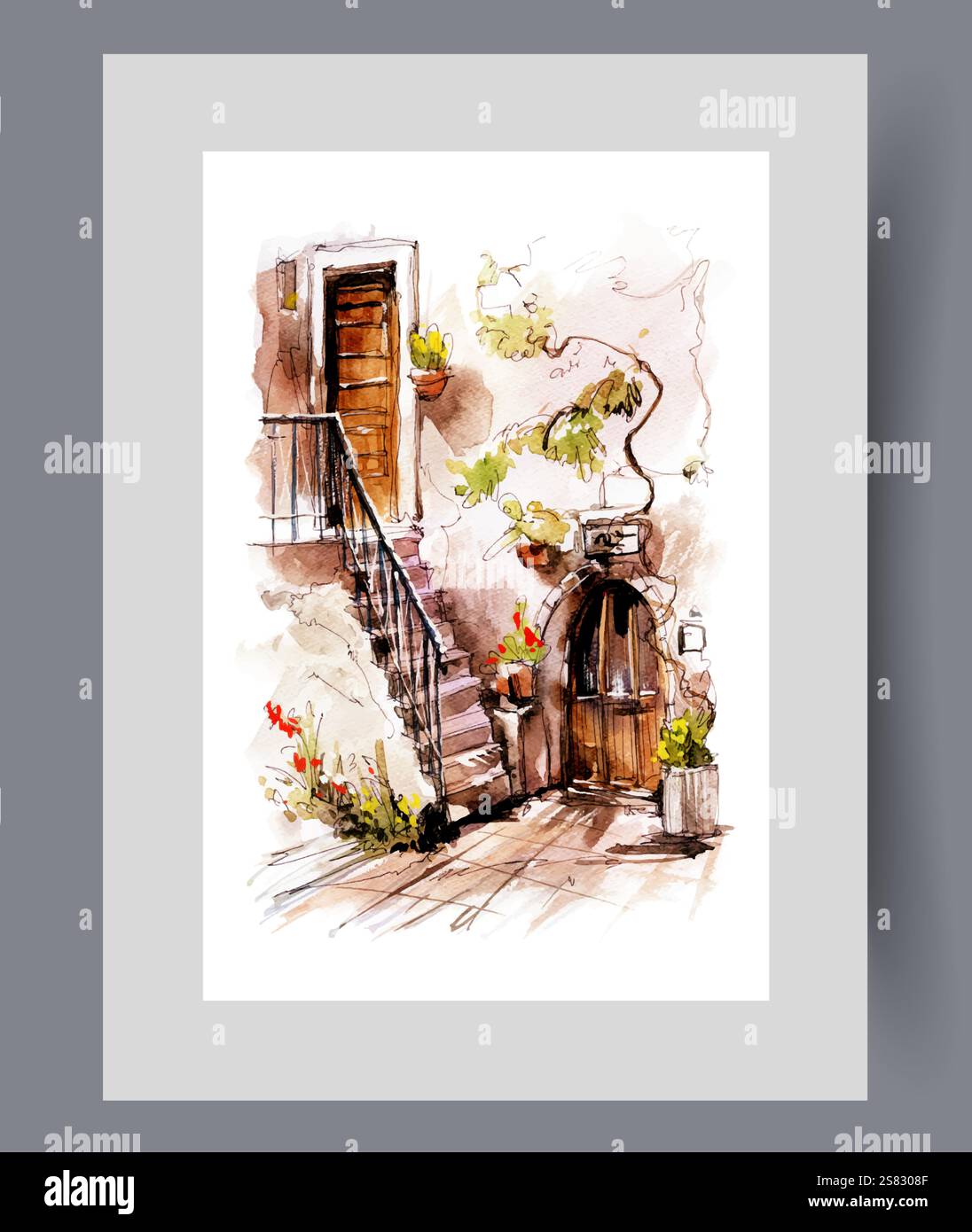 Facade building with door above stairs and flowers weaving along walls ...