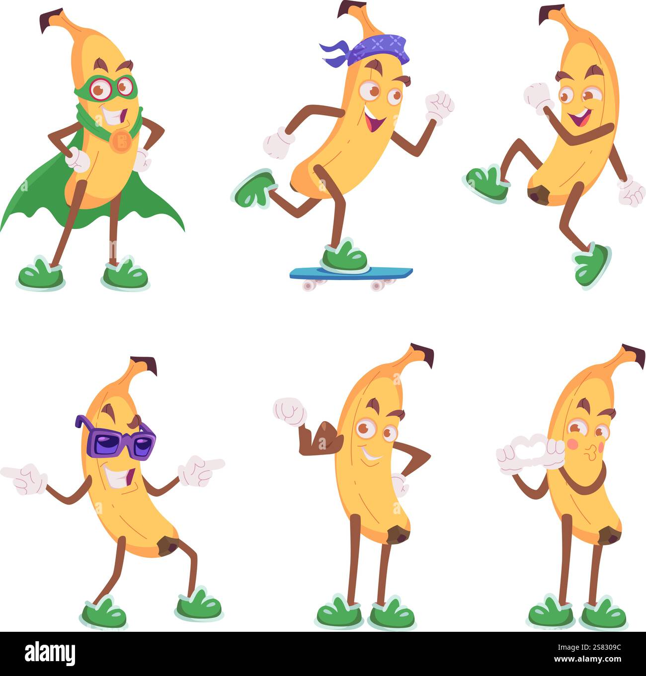 Banana characters. Funny cartoon fruit mascot in action poses and ...