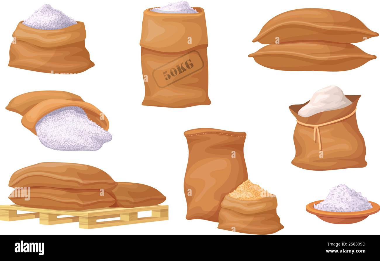 Cartoon rice bags. Wheat harvest bag, row ripe cereal grains in burlap ...