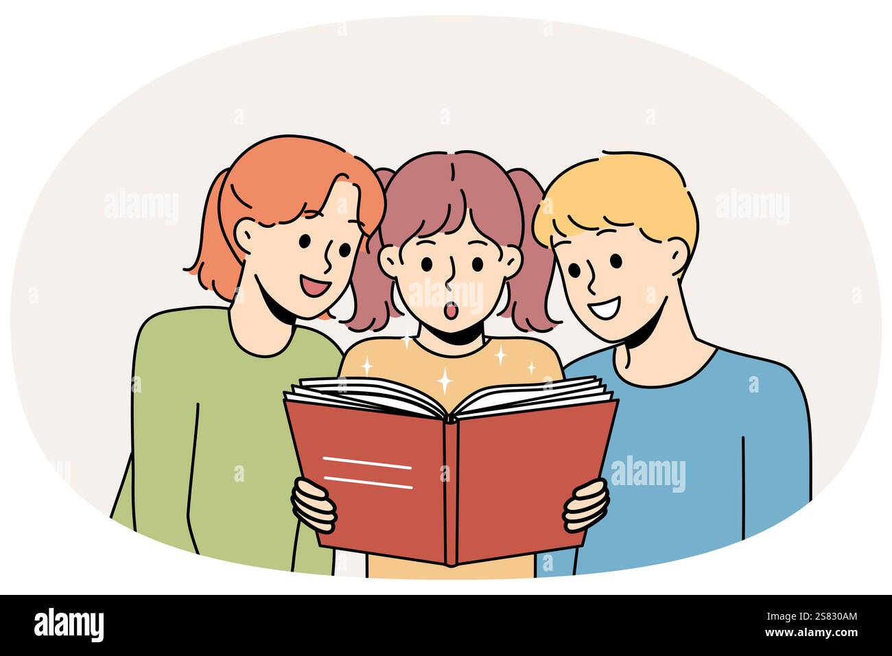 Children read book and are amazed at facts from history described in ...